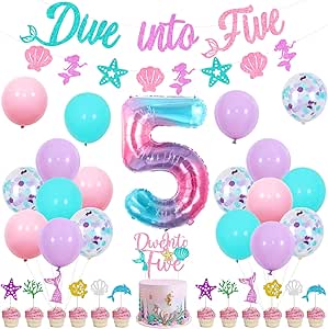 JOYMEMO Mermaid 5th Birthday Decorations for Girls, Dive Into Five ...