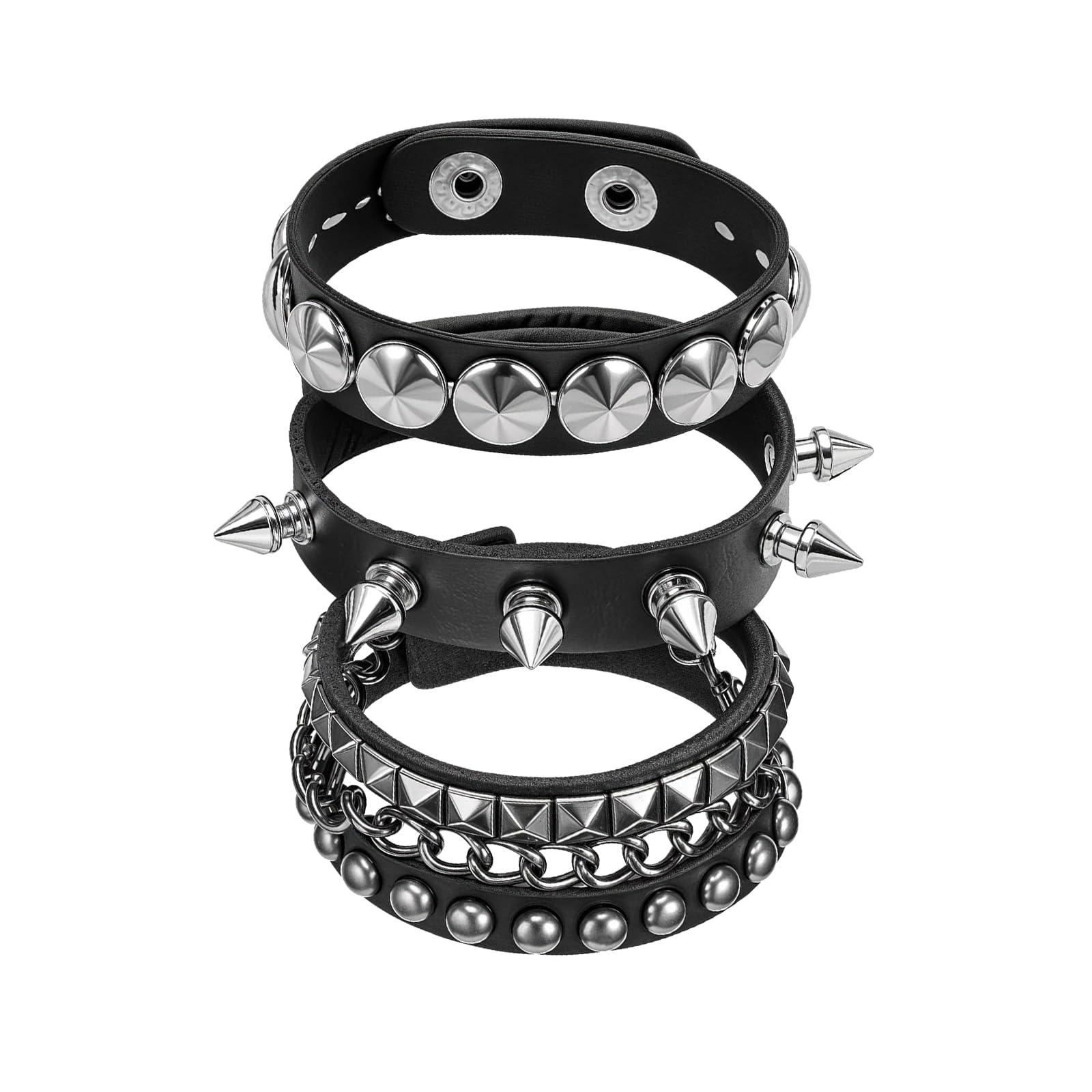 GAUEIOUR Punk Rock Leather Bracelets Multilayer Black Spike Studded ...