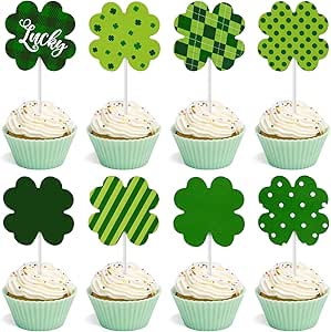 Amazon.com: JarThenaAMCS 24 PCS Lucky Four Leaf Clover Cupcake Toppers ...