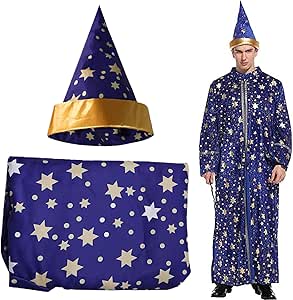 Amazon.com: XJKLBYQ Adult Wizard Costume,Wizard Costume Long Sleeves Blue Wizard Robe and Hat ...