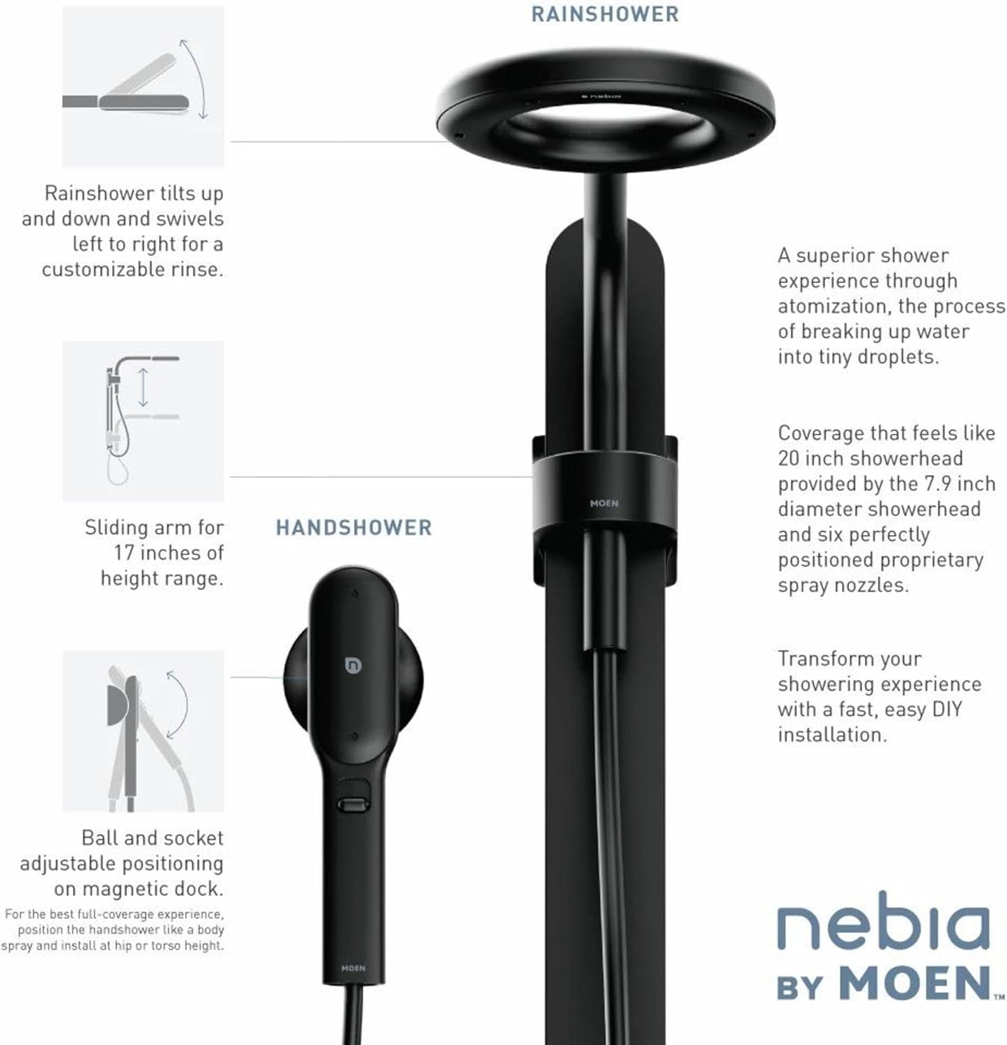 Moen N207C0BL – Ducha de spa con ducha de lluvia, ducha de mano y base ...