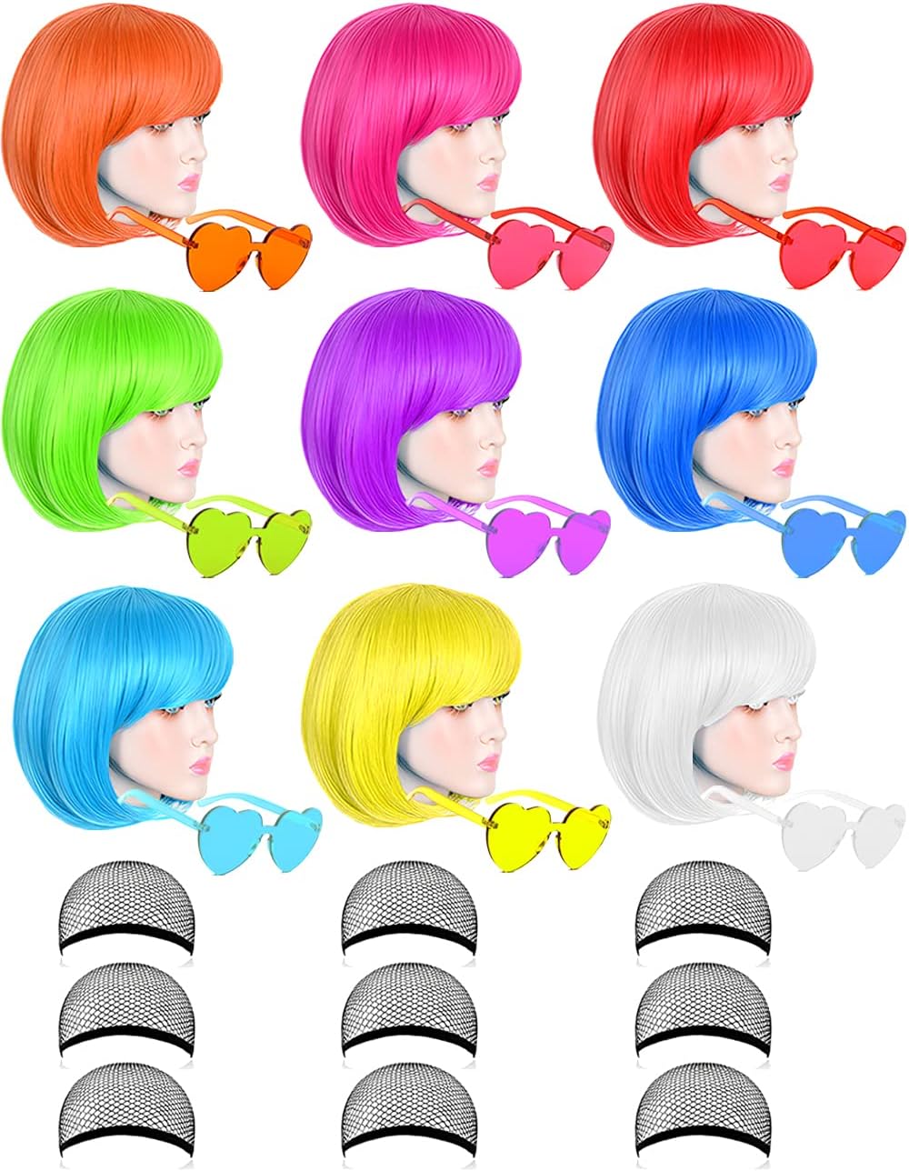 Amazon.com: 9 Pack Colored Wigs, Funky Colorful Wigs, Short Bob Hair ...