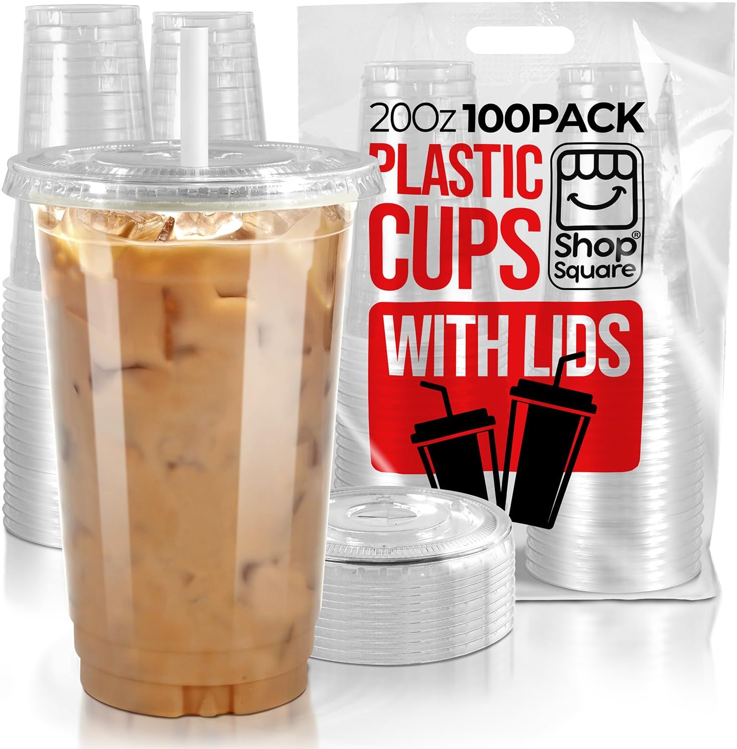 20 oz Plastic Cups with Lids (100 Pack) - Clear Plastic Cups for Iced ...