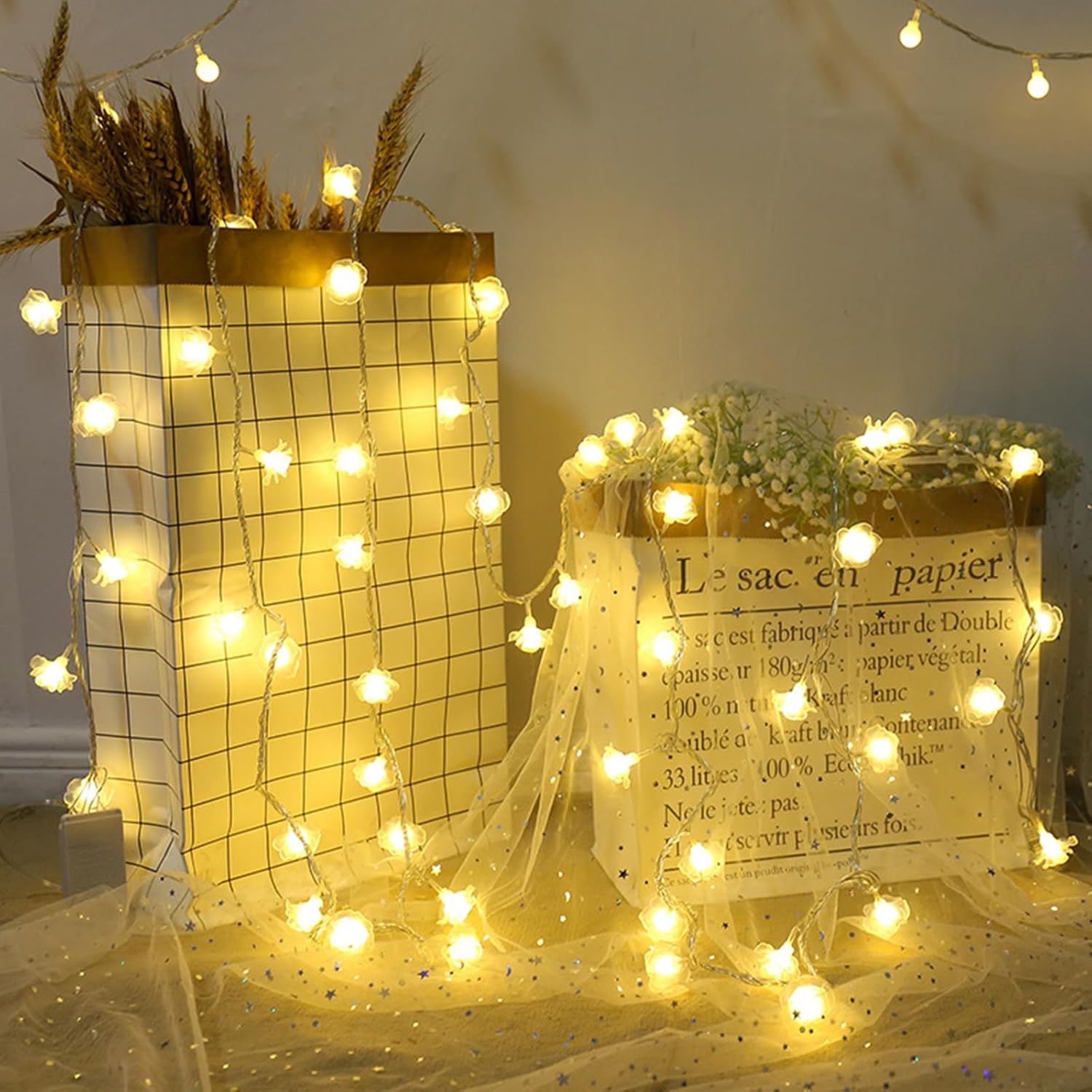 Rose String Lights 20 LED White Rose Flower Indoor Artificial Rose ...