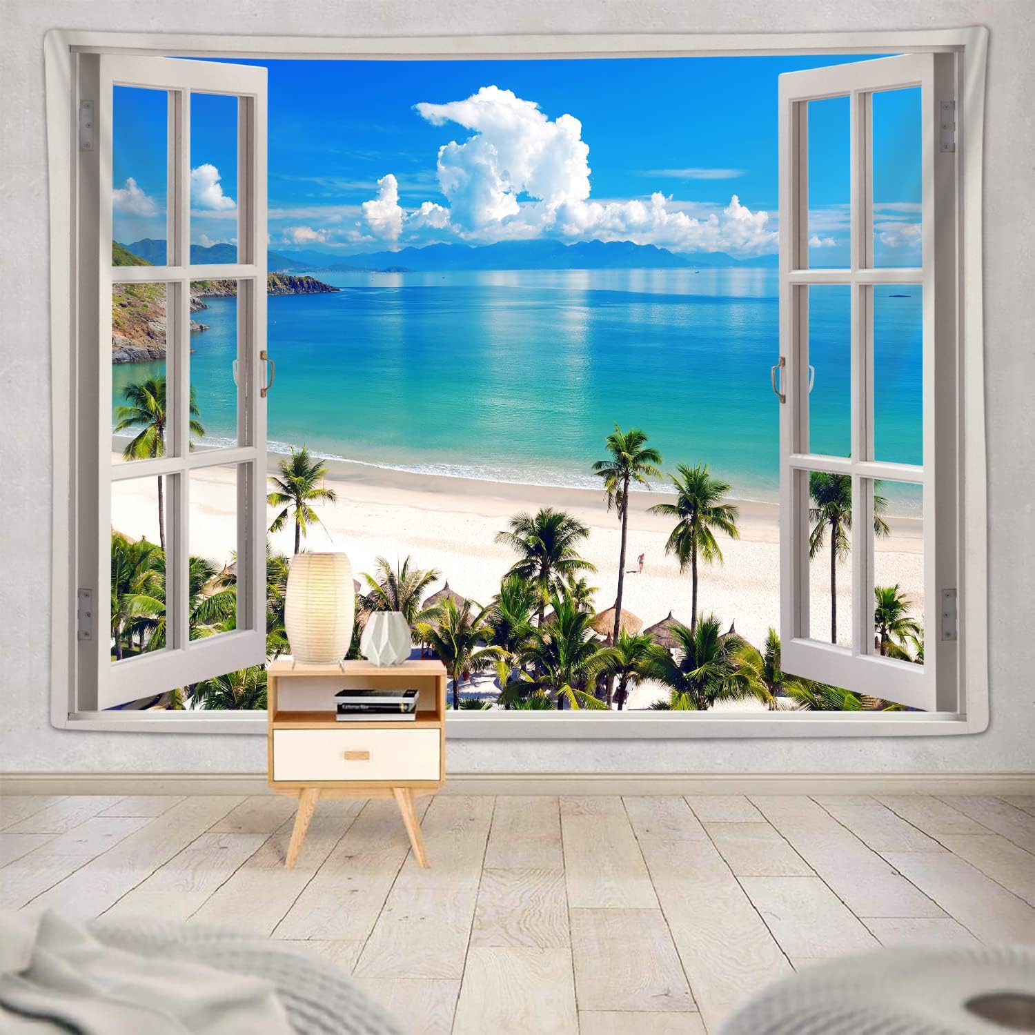 Amazon.com: Ocean Beach Tapestry, Hawaii Sea Nature Fake Faux Window ...