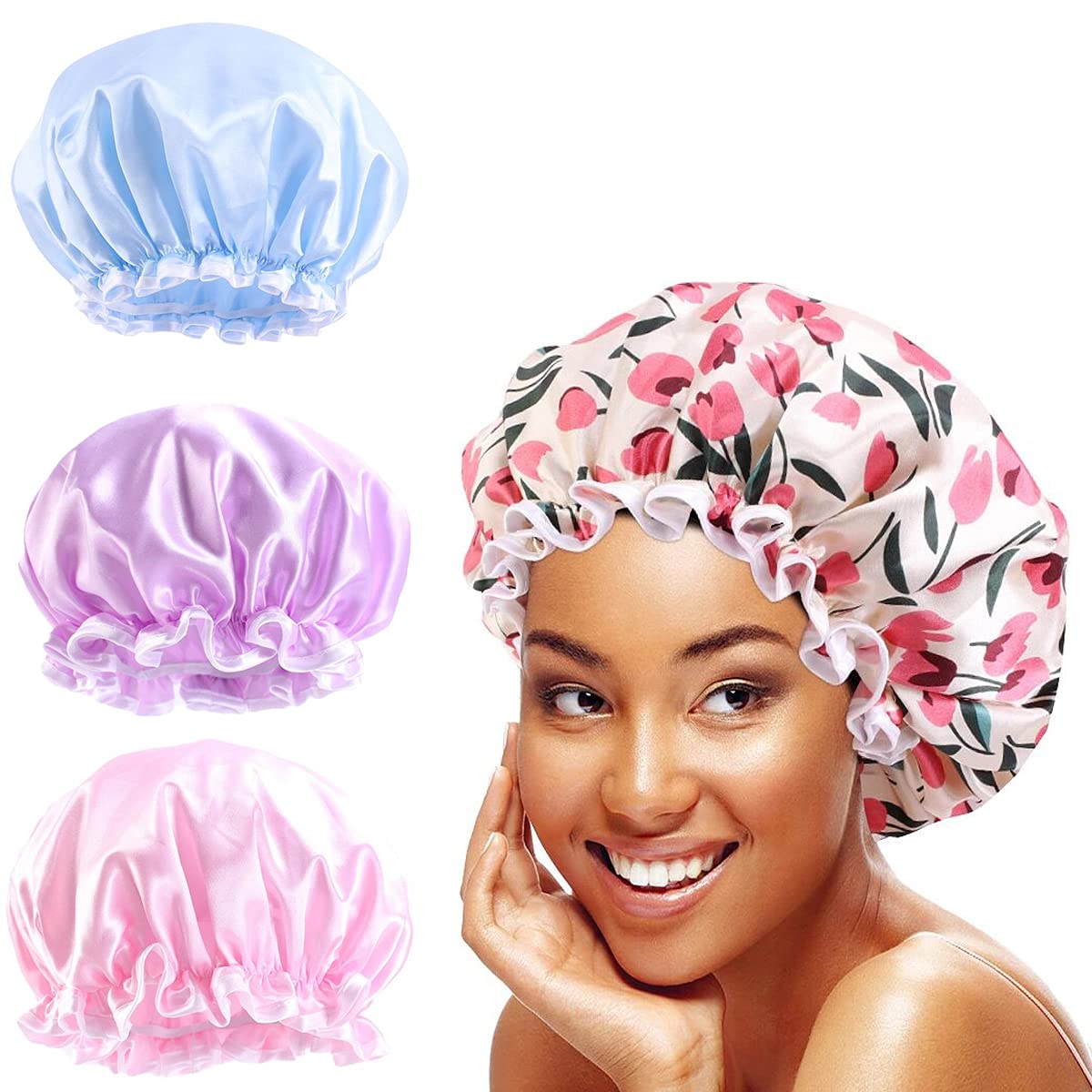 Amazon.com : Aprilhair Ladies Shower Cap, Reusable Double Waterproof ...