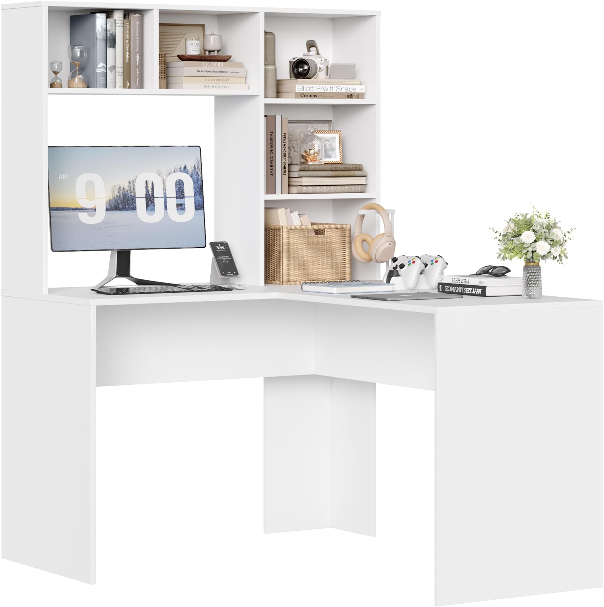 Wood L-Shaped Desk with Hutch & Drawers - Modern 47 Corner Computer ...