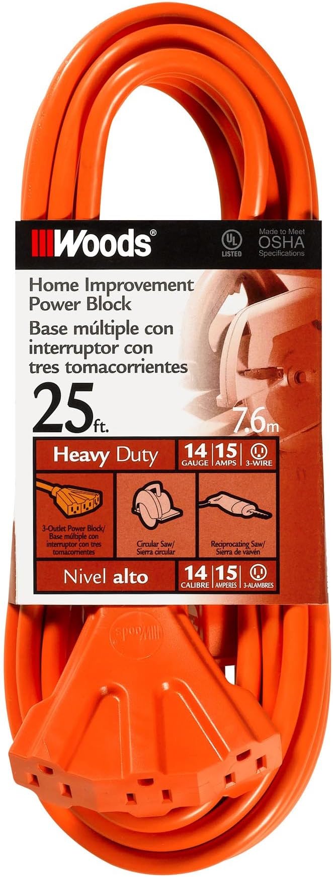 Woods 825 14/3 25-Foot Outdoor Multi-Outlet Extension Cord (Orange ...