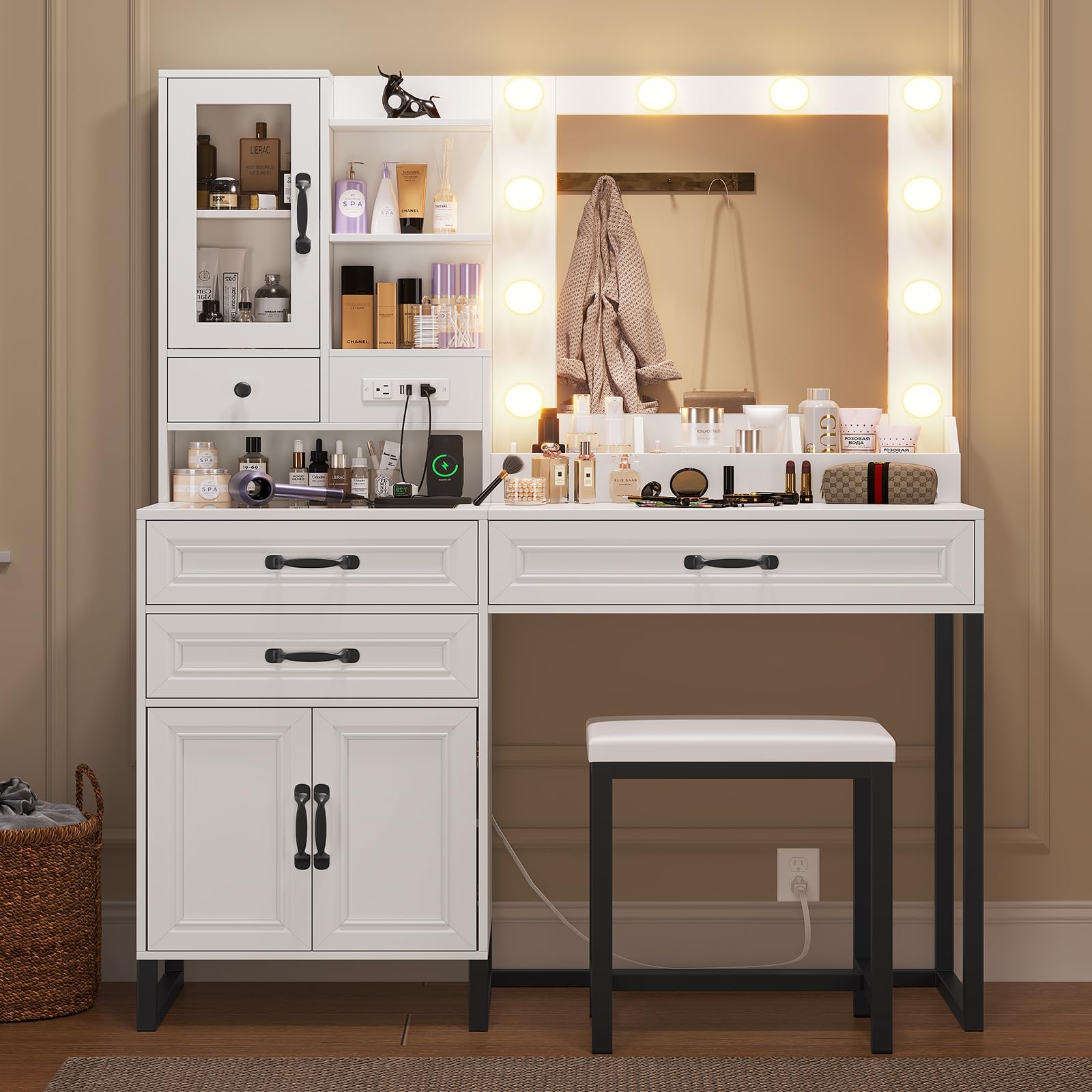 Amazon.com: Vabches Makeup Vanity Desk with Lights and Mirror, Black ...