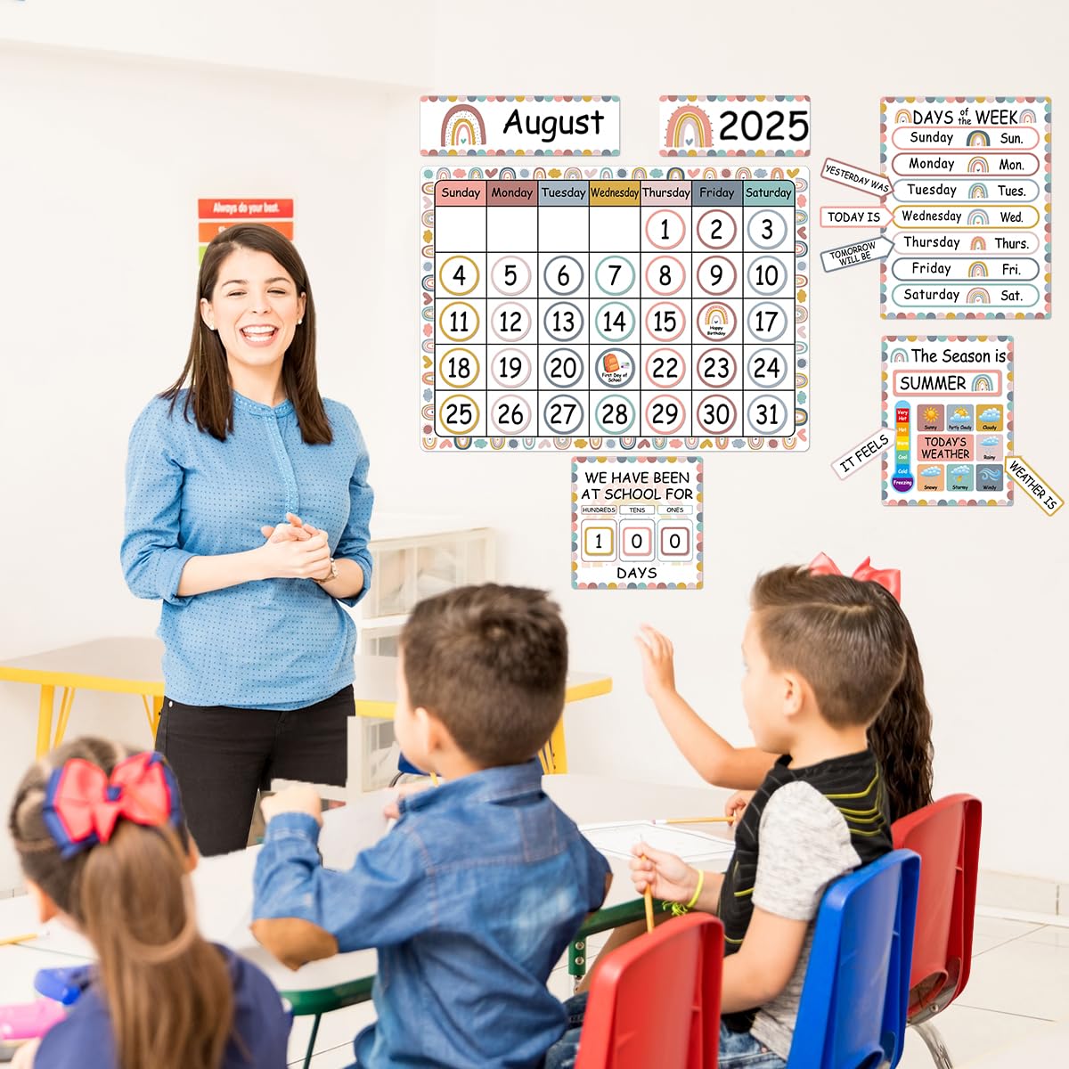 Boho Calendar Classroom Boho Rainbow Calendar Bulletin Board Set ...