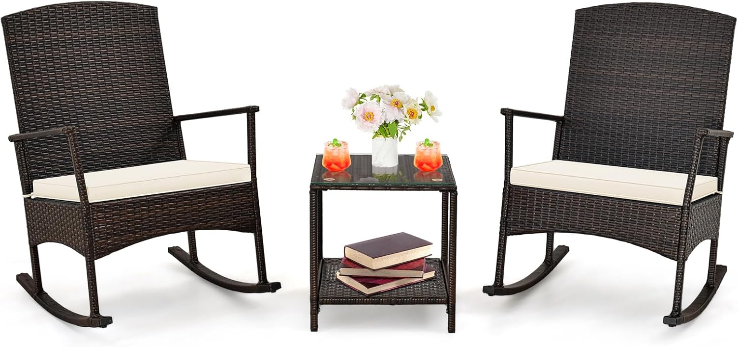 Amazon.com: HAPPYGRILL 3 Pieces Rocking Bistro Set, Patio Wicker ...
