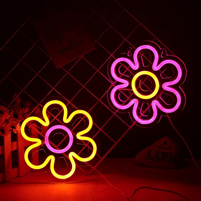 2 Pieces Flower Neon Sign Retro LED Light Signs Flower Shaped LED Signs ...