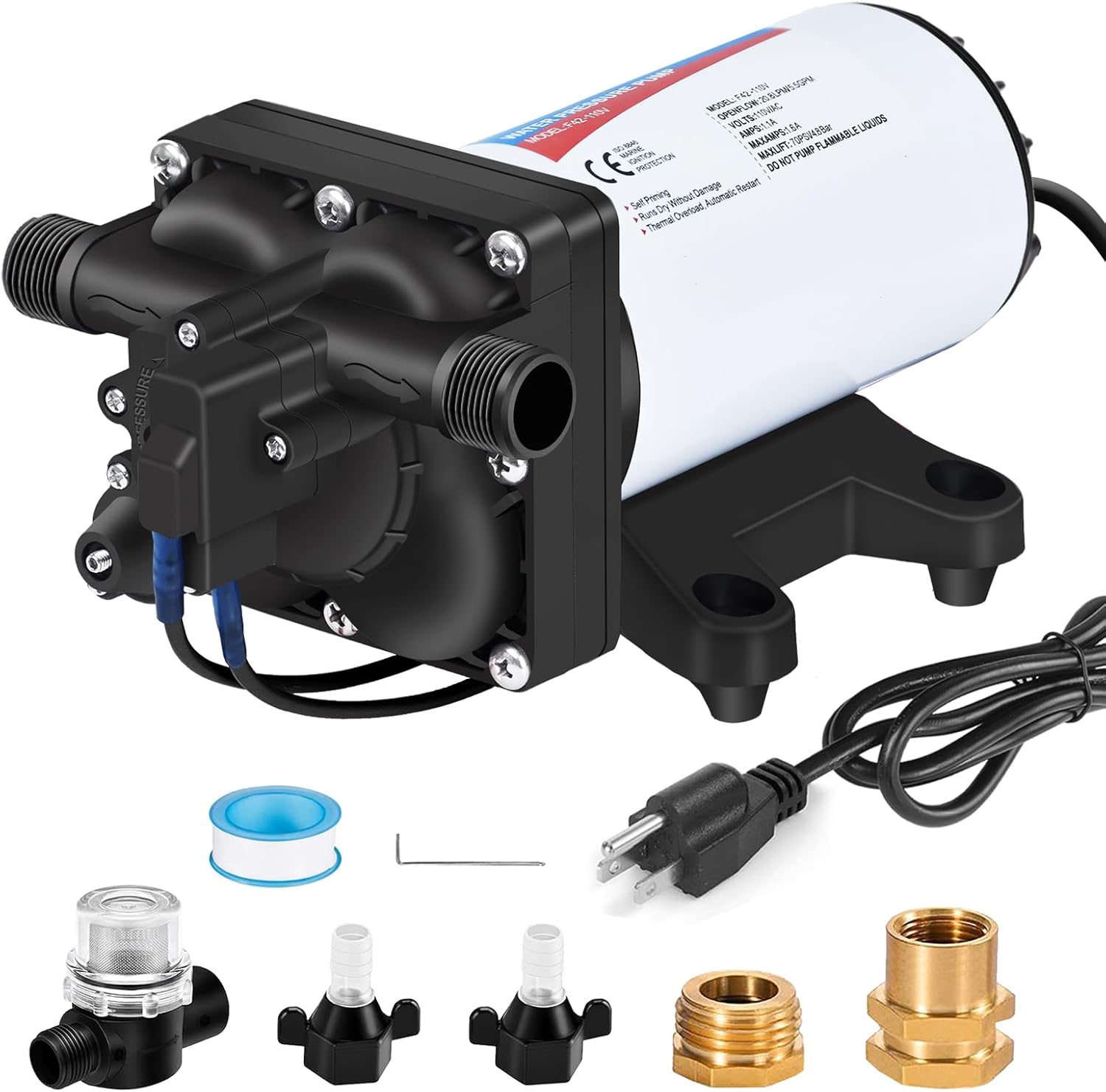 YOUNGTREE Water Pressure Diaphragm Pump 110V AC 5.5GPM 70PSI Self ...