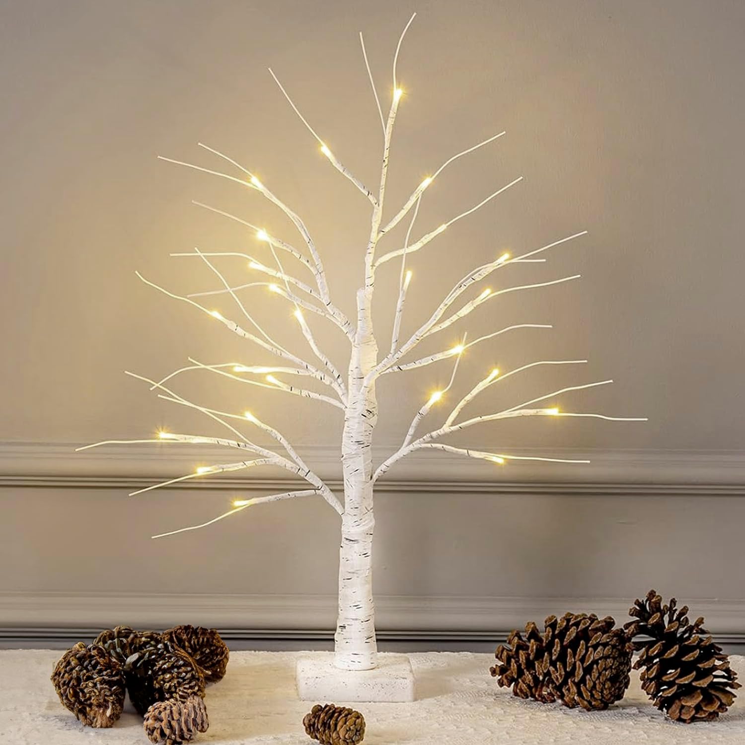 2ft White Pre-lit Twig Tree - Tabletop Birch Tree | 52 Warm White LED's ...
