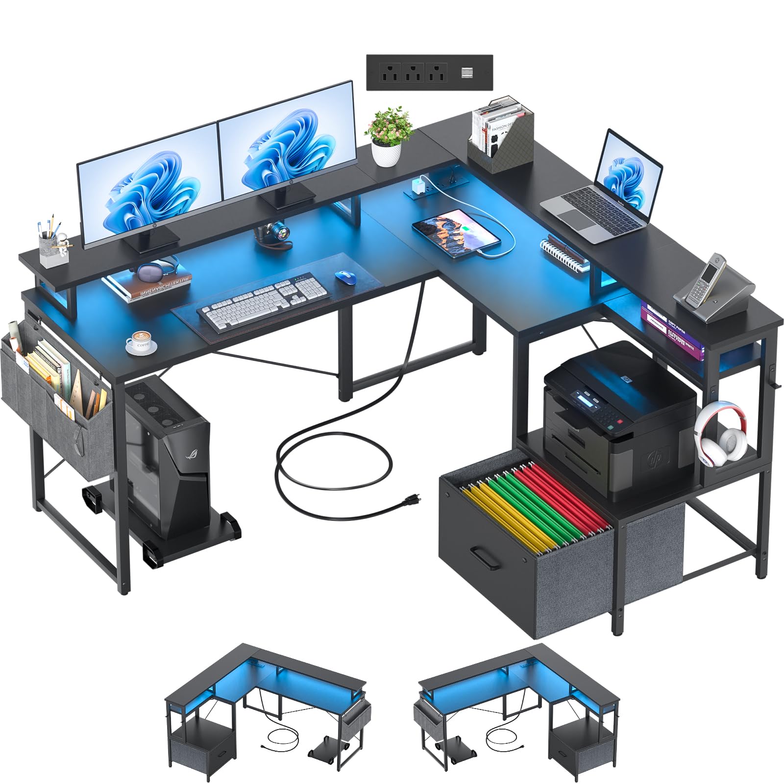 Cyclysio L Shaped Desk with File Drawer, Computer Desk with Recessed ...