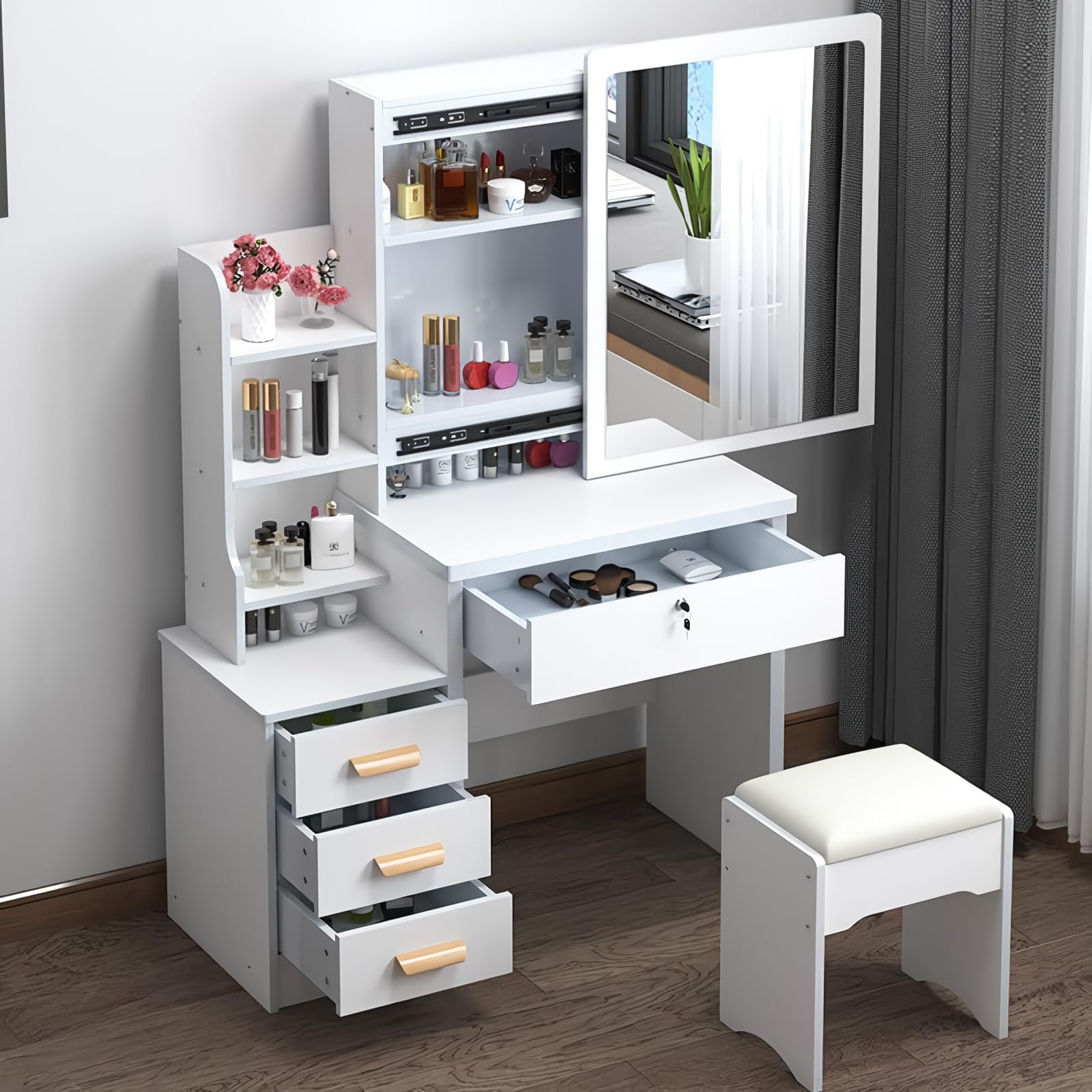 Coiffeuse et Tabouret, Coiffeuse avec Miroir, 6 tiroirs et 6 étagères ...