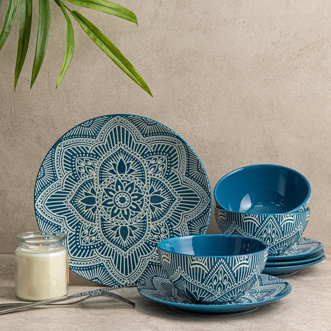Amazon.com | Bzyoo 12-Piece Ceramic Dinnerware Set: La La Mandala Blue ...