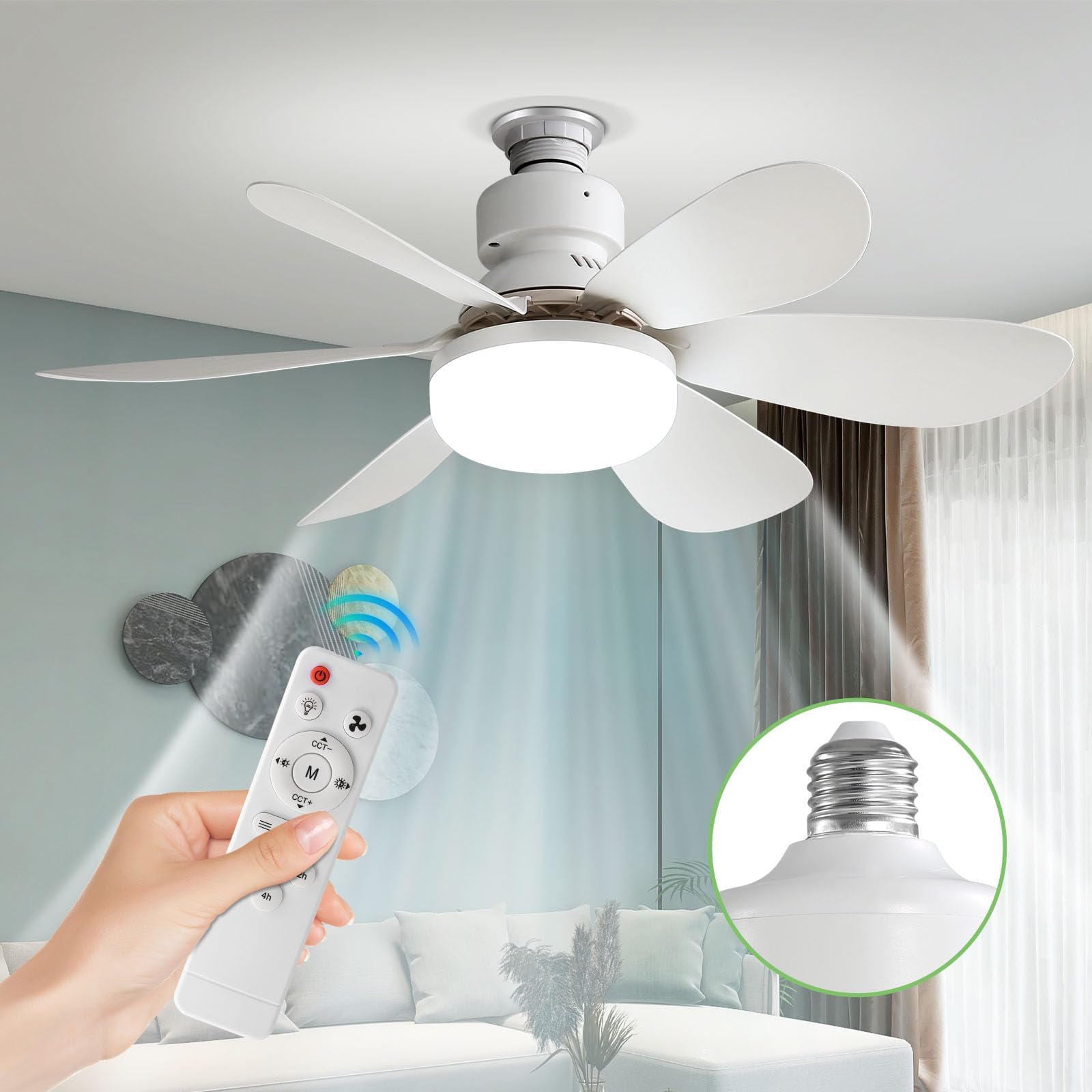 Socket Fan Light with Remote, 20.5in Small Ceiling Fan Lights with E26 ...