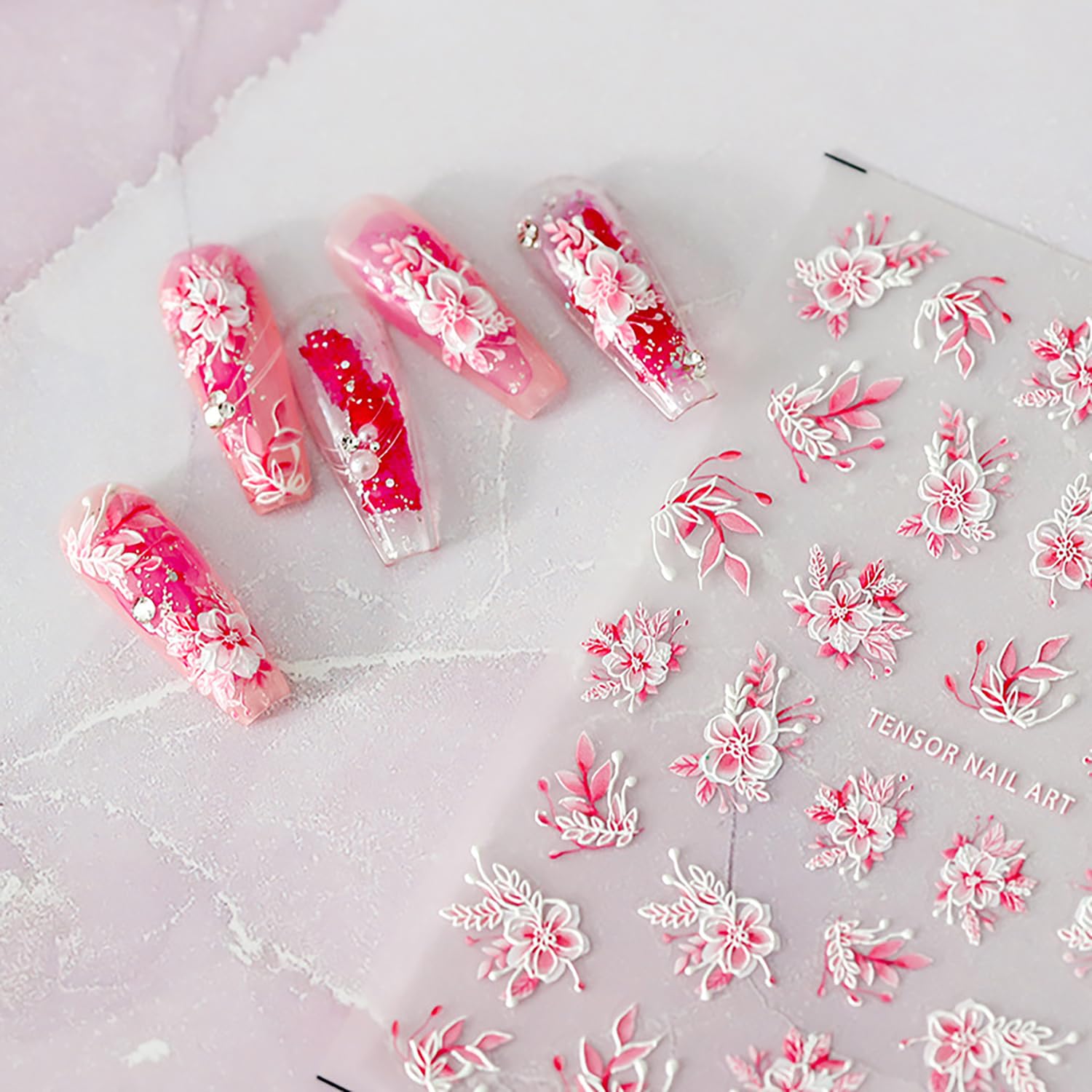 Amazon.com: Pink Flower Nail Stickers for Nail Art 5D Embossed Flowers ...