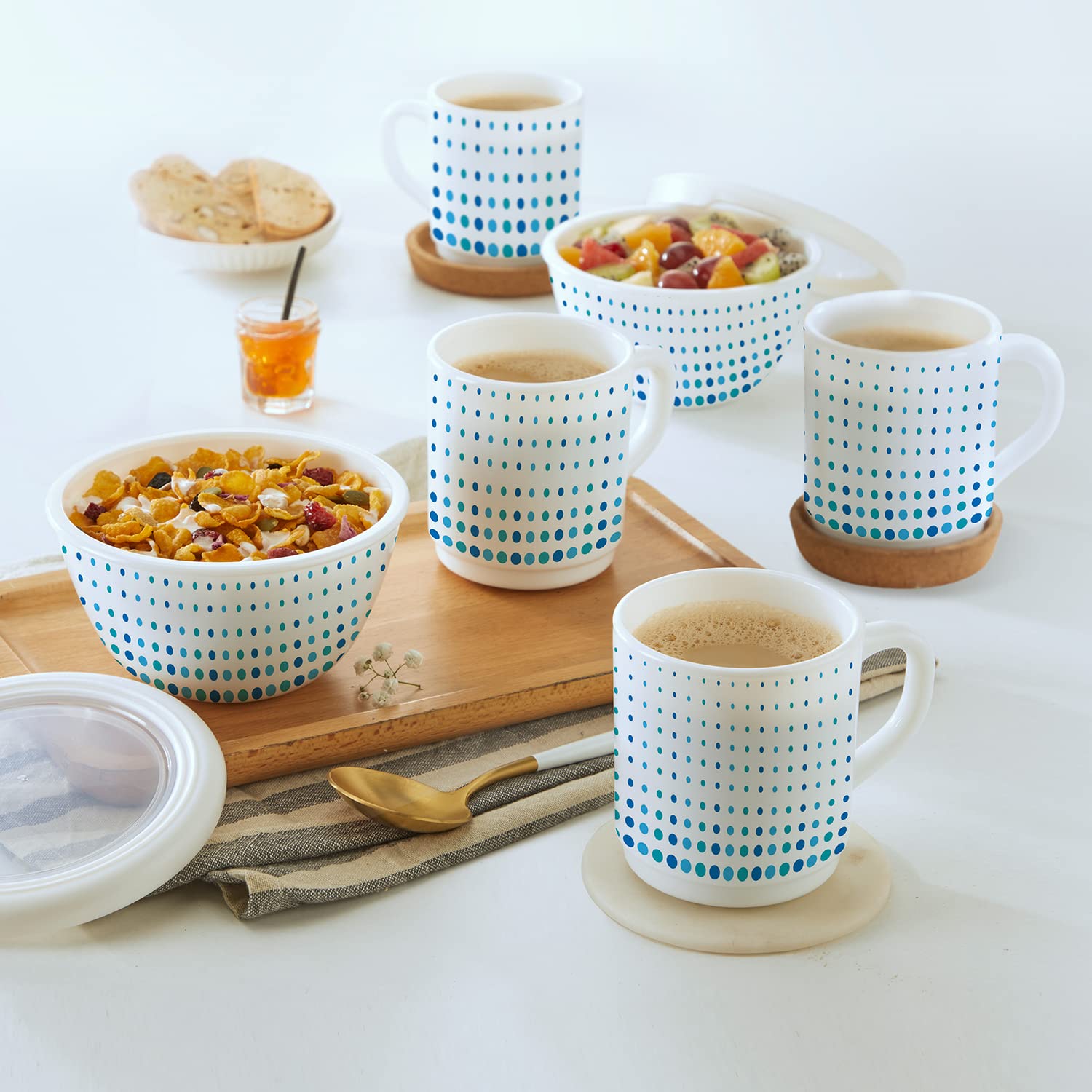 Cello Opalware Midori Mugs and Bowl Set, Cool Dots, Set of 6, White ...