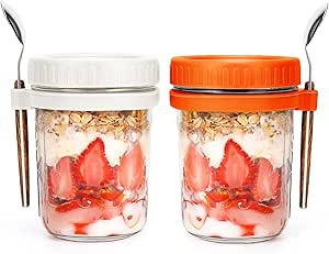 Amazon.com: Overnight Oats Jars with Spoon and Lid 16 oz [2 Pack], Airtight Oatmeal Container ...