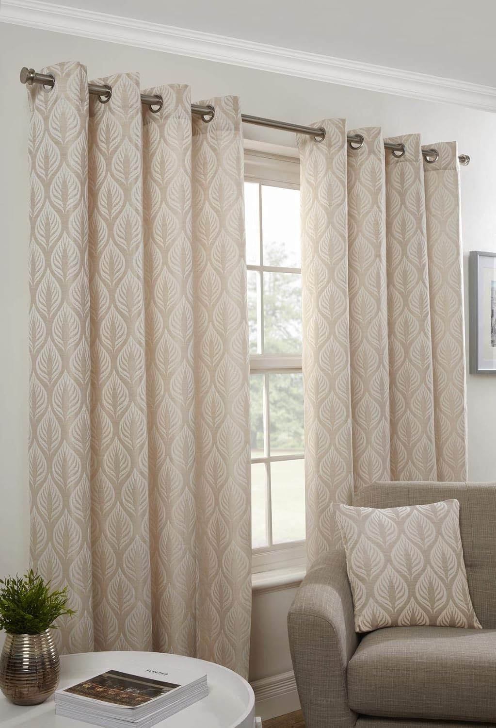Emma Barclay Kew - Leaf Design Lined Eyelet Curtains in Natural - Width ...
