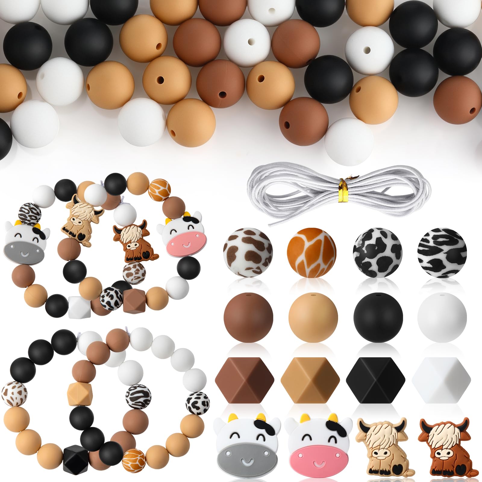 Amazon.com: 100PCS Highland Cow Print Silicone Beads,Animal Shape Round ...
