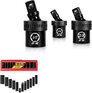 3PCS Swivel Universal Joint Socket Set 1/2" 3/8" 1/4" + 12PCS 1/2 ...