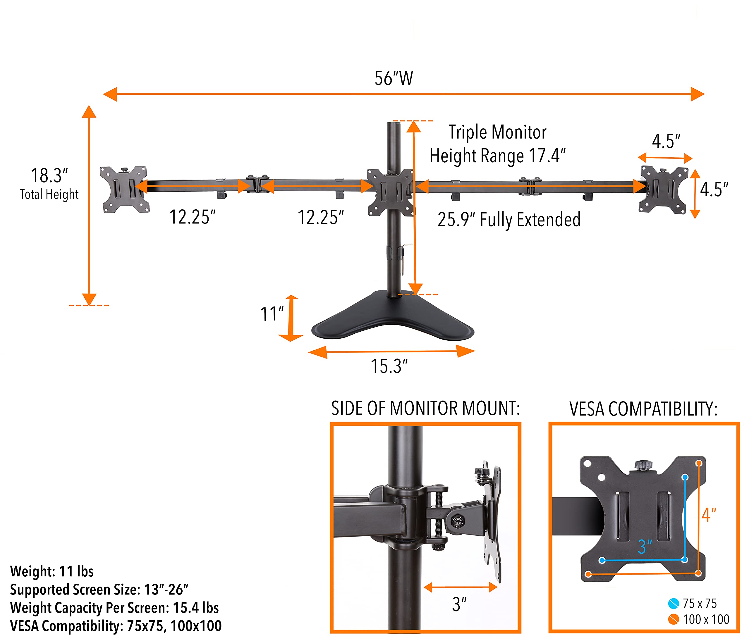 Buy Stand Steady 3 Monitor Mount Desk Stand | Height Adjustable Triple ...