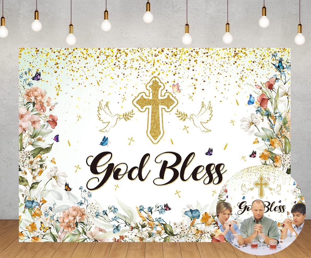 Amazon.com : God Bless Backdrop Gold Cross Glitter Baptism Decorations ...