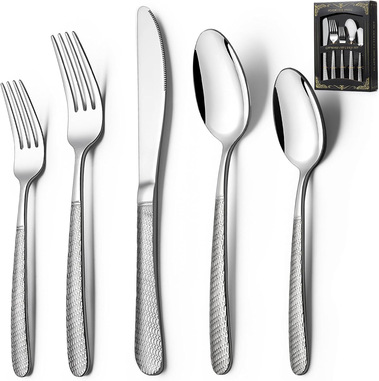 Amazon.com | 40-Piece Hammered Silverware Set, Deedro Stainless Steel ...