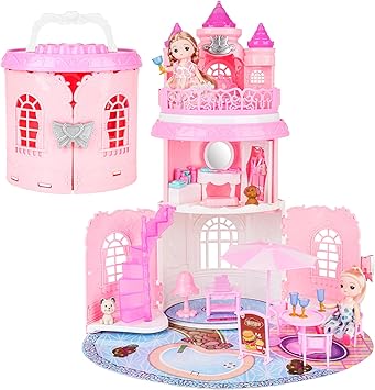 Amazon.com: deAO Portable Doll House Playset Castle with 2 Doll Toy ...