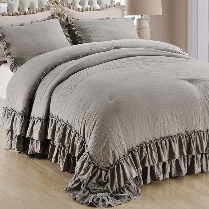 Amazon.com: Masaca Gray Ruffled Comforter Set King,Farmhouse Shabby ...