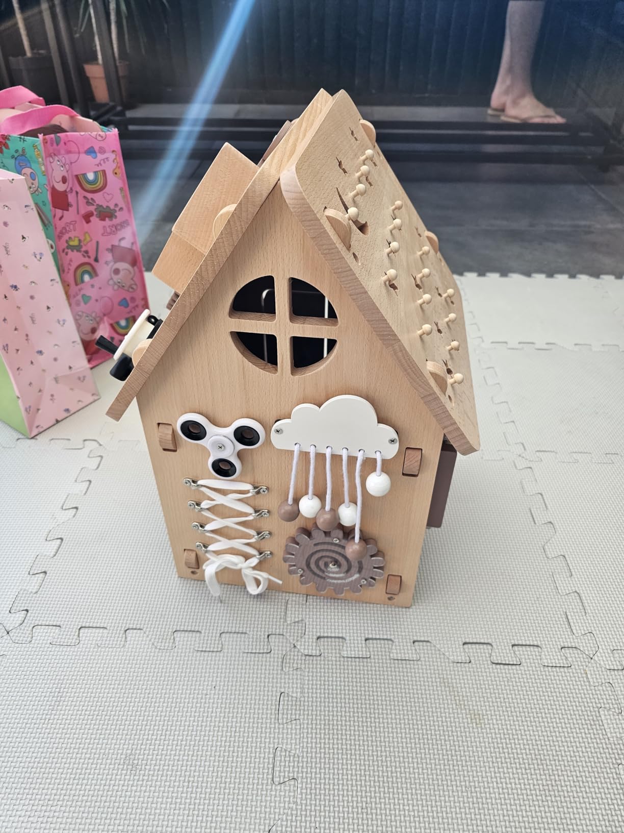 COSTWAY Wooden Busy Board, Toddler Montessori Busy House with Socket ...