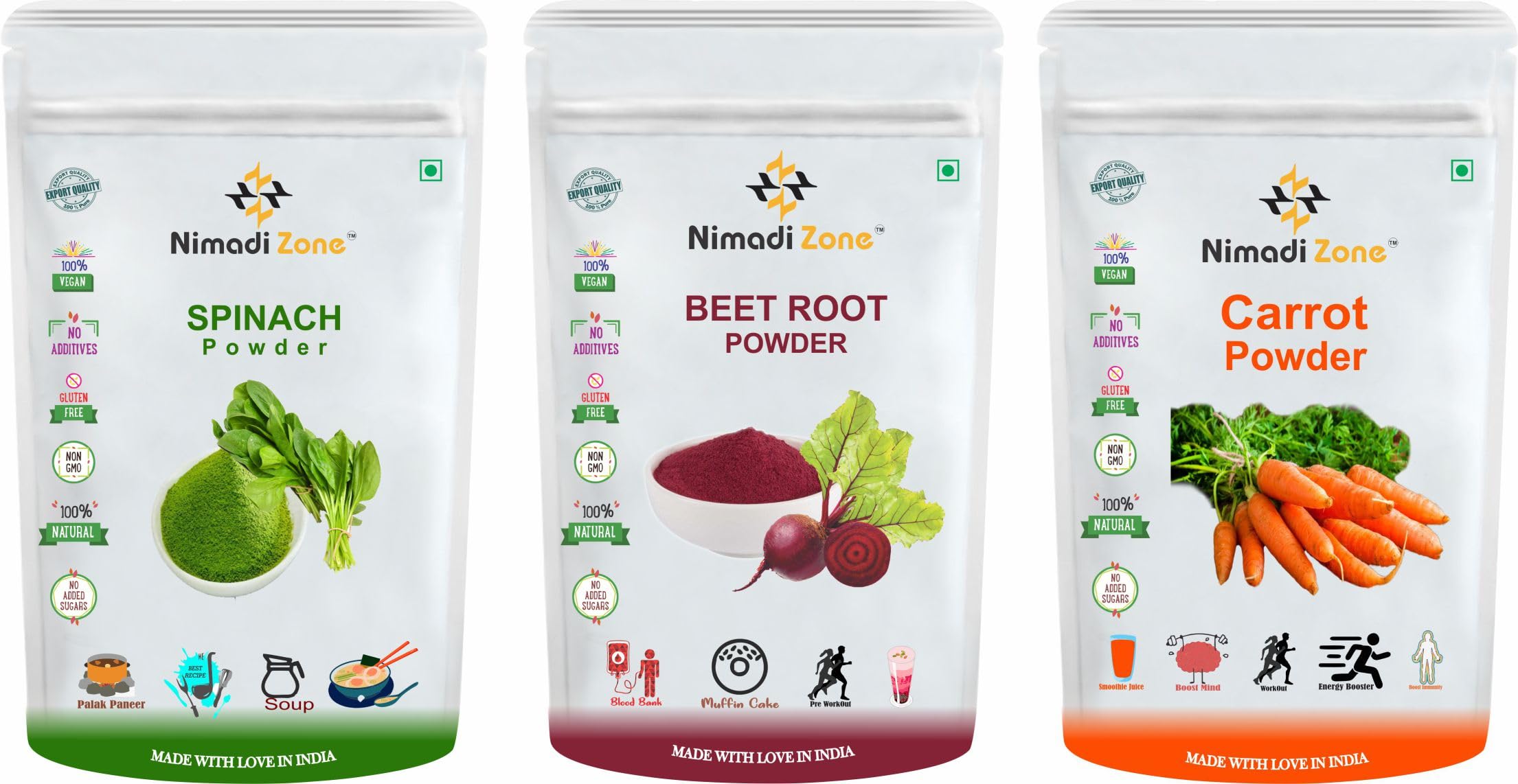 Nimadi Zone Pack of 3 Beet Root Powder, Spinach Powder and Carrot ...