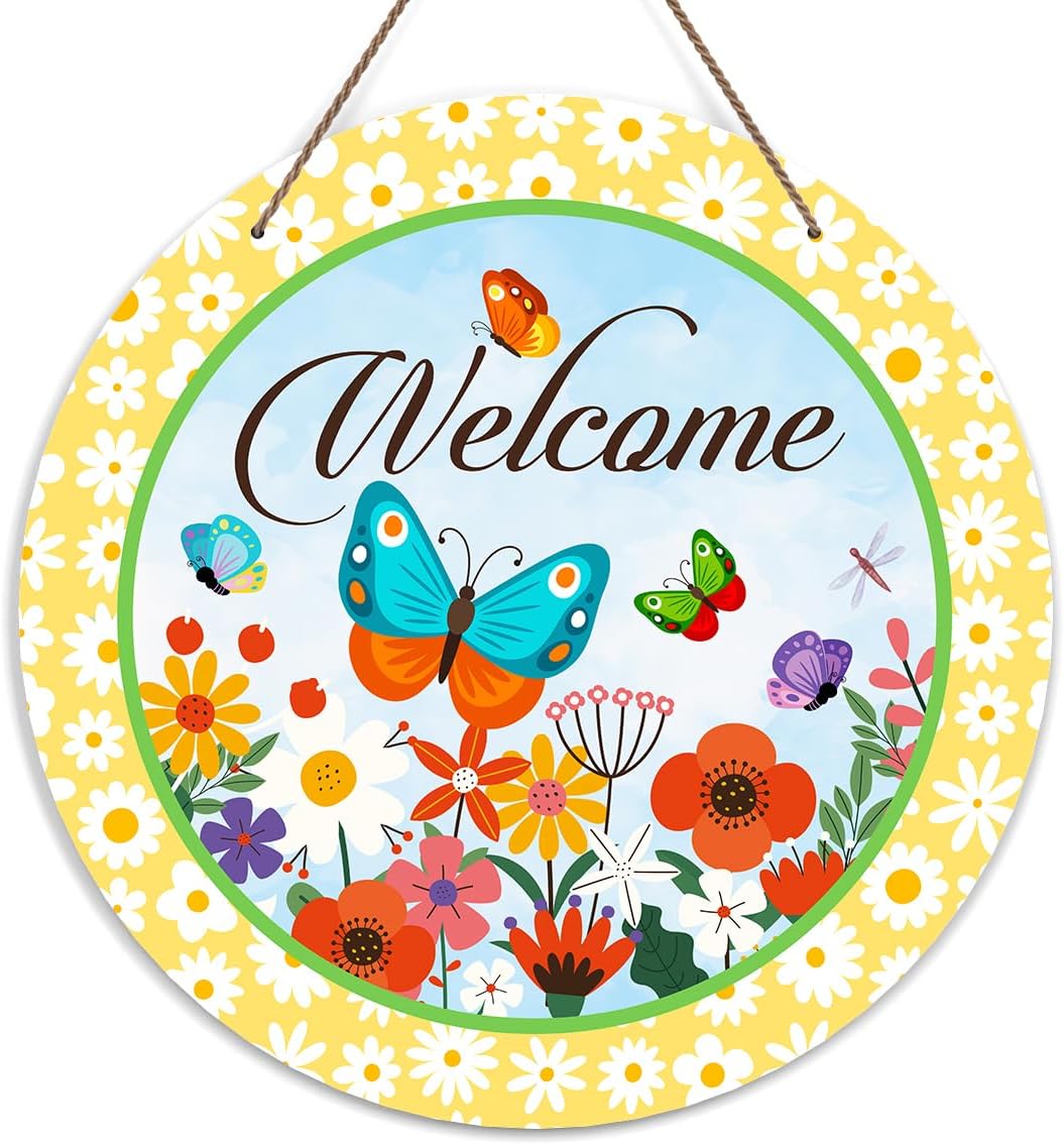 Amazon.com: Welcome Door Sign, Spring Flowers and Butterflies Spring ...