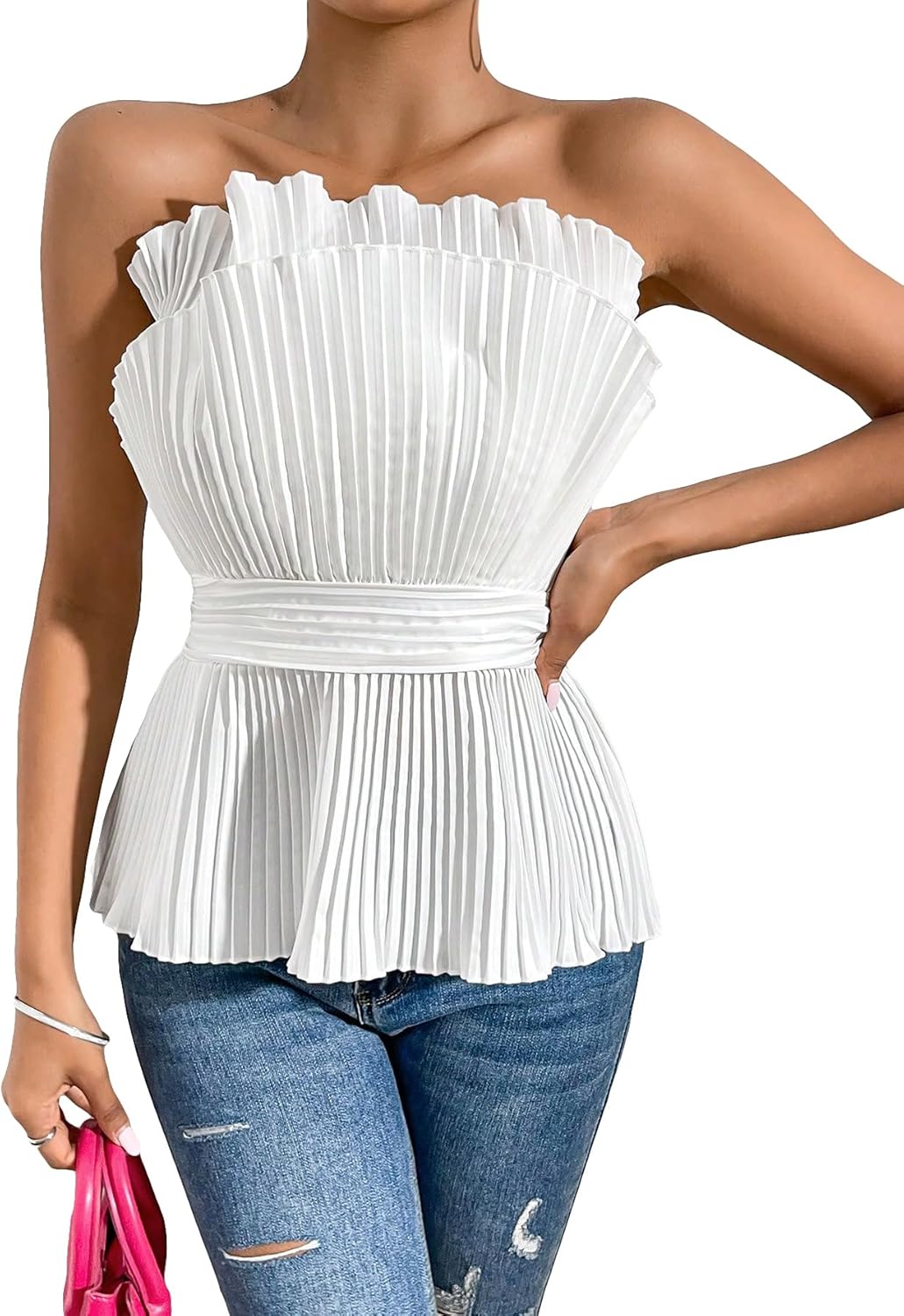 OYOANGLE Women's Ruffle Trim Sleeveless Strapless Pleated Peplum Tube ...