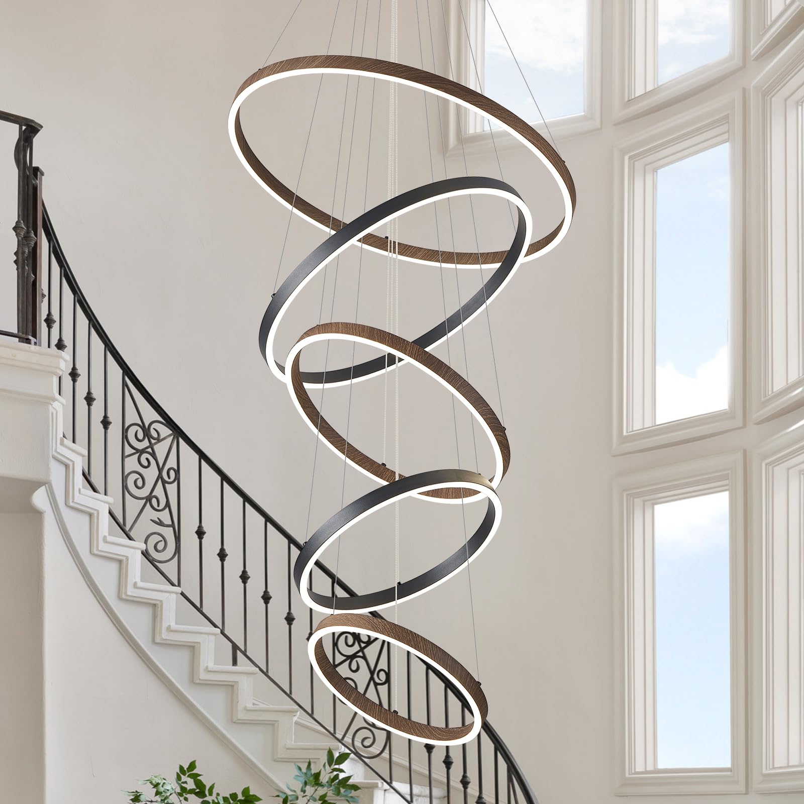Big Chandelier for High Ceiling, LED 5-Ring Chandelier Dimmable Circle ...