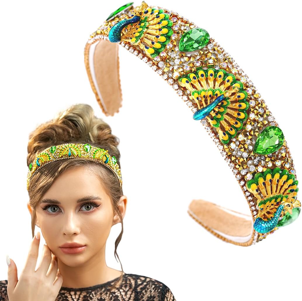 Amazon.com : deladola Rhinestone Headband Women Green Peacock Headbands ...