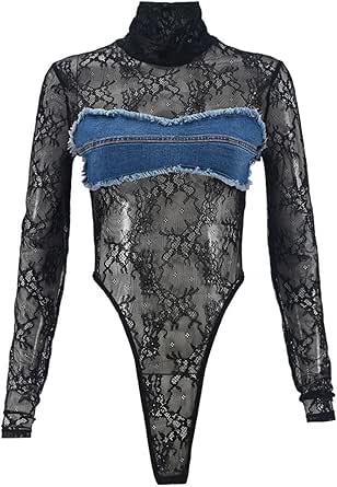MatyLonm Women Long Sleeve Lace Bodysuit Top Mock Turtle Neck See ...