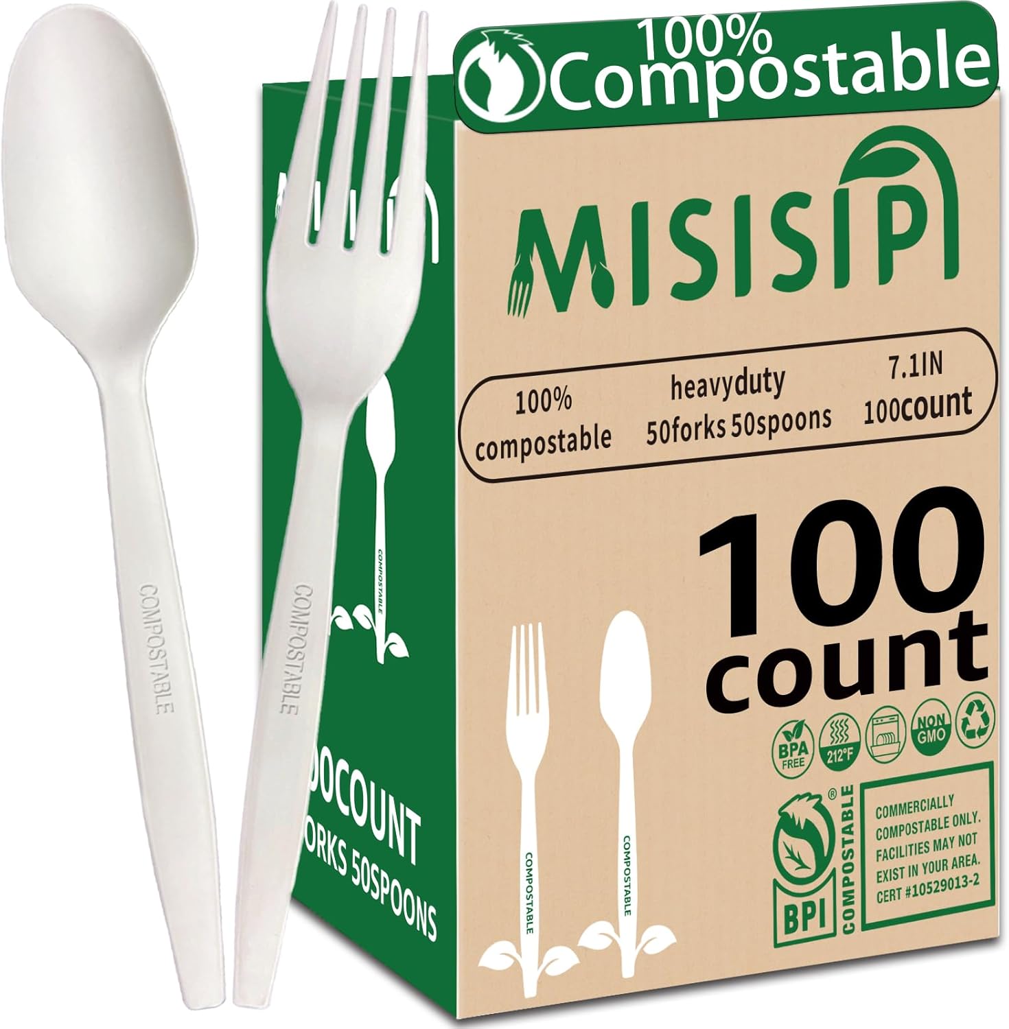 Amazon.com: MISISIPI [7.1In 100Pcs] 100% Compostable Forks and Spoons ...