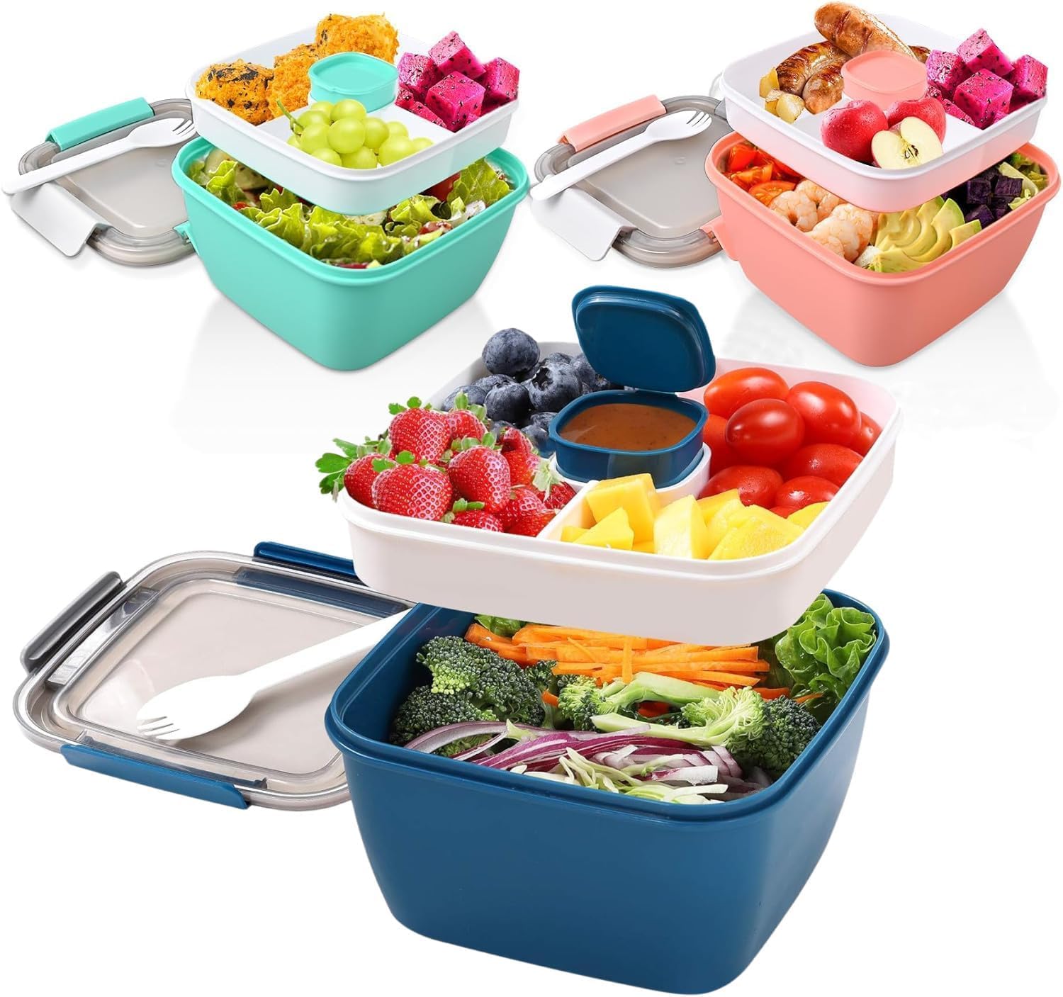 3 Pack Double Layer Bento Box with Sauce Box,1.5L Salad Lunch Container ...
