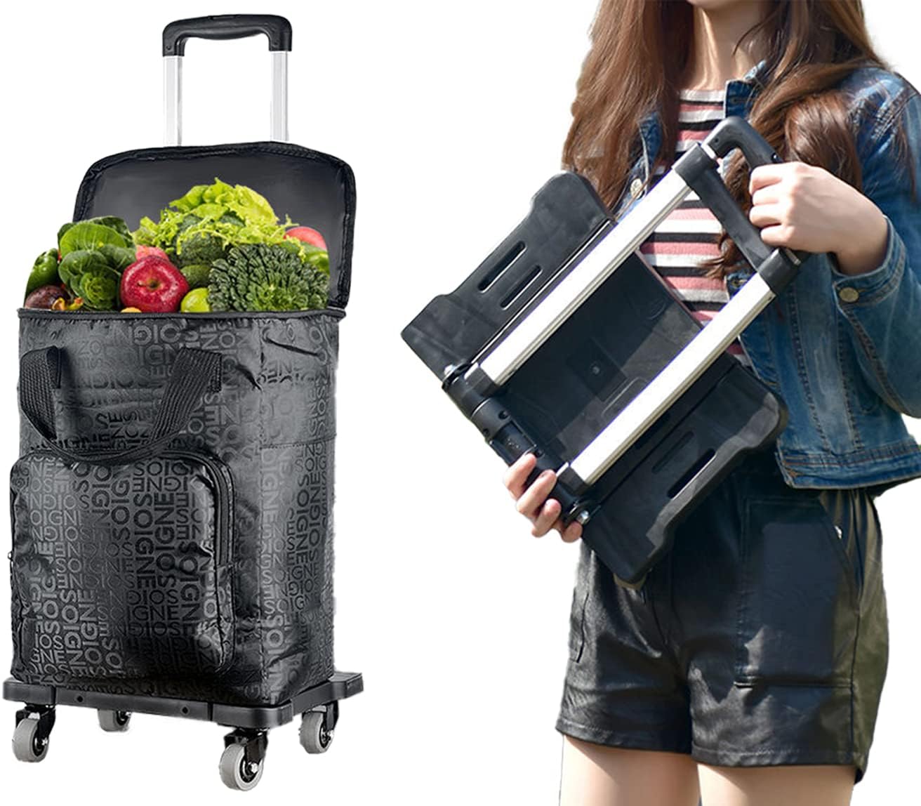 Foldable Shopping Cart on Wheels, Compact Lightweight Portable Rolling ...