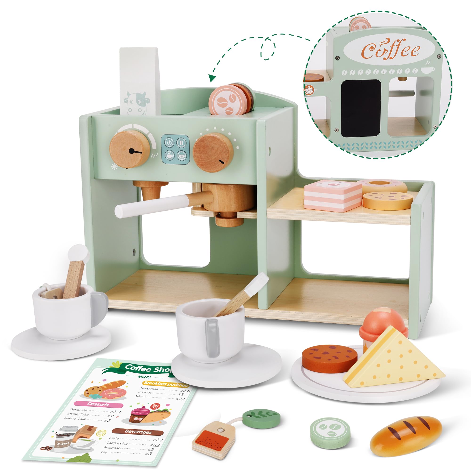 2-in-1 Wooden Coffee Sales Desk Playset, Coffee Maker Set - 24 PCS ...