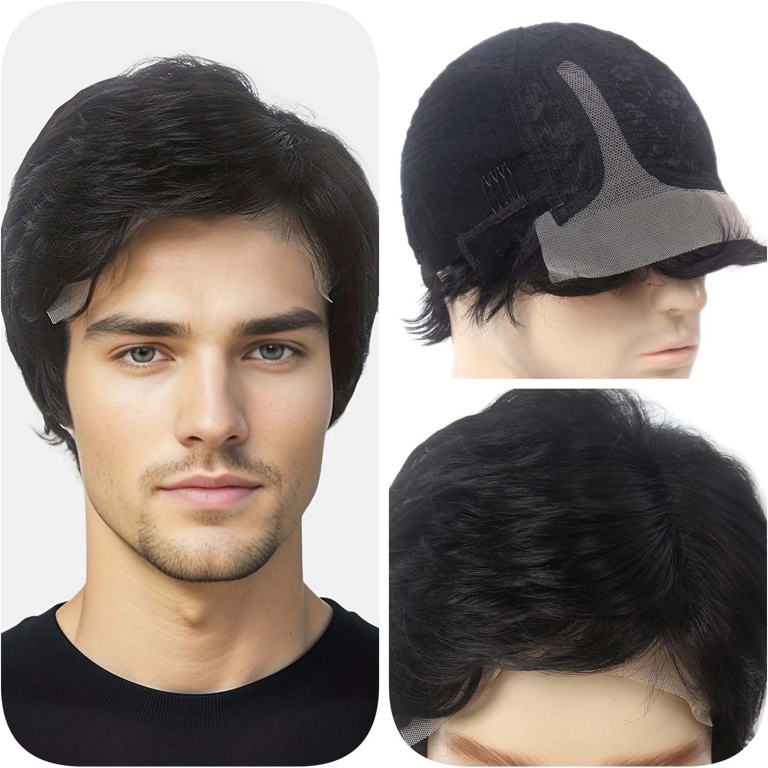 Amazon.com: Black Lace Front Mens Wigs 6X4X0.5 T Part Lace Short Wigs ...