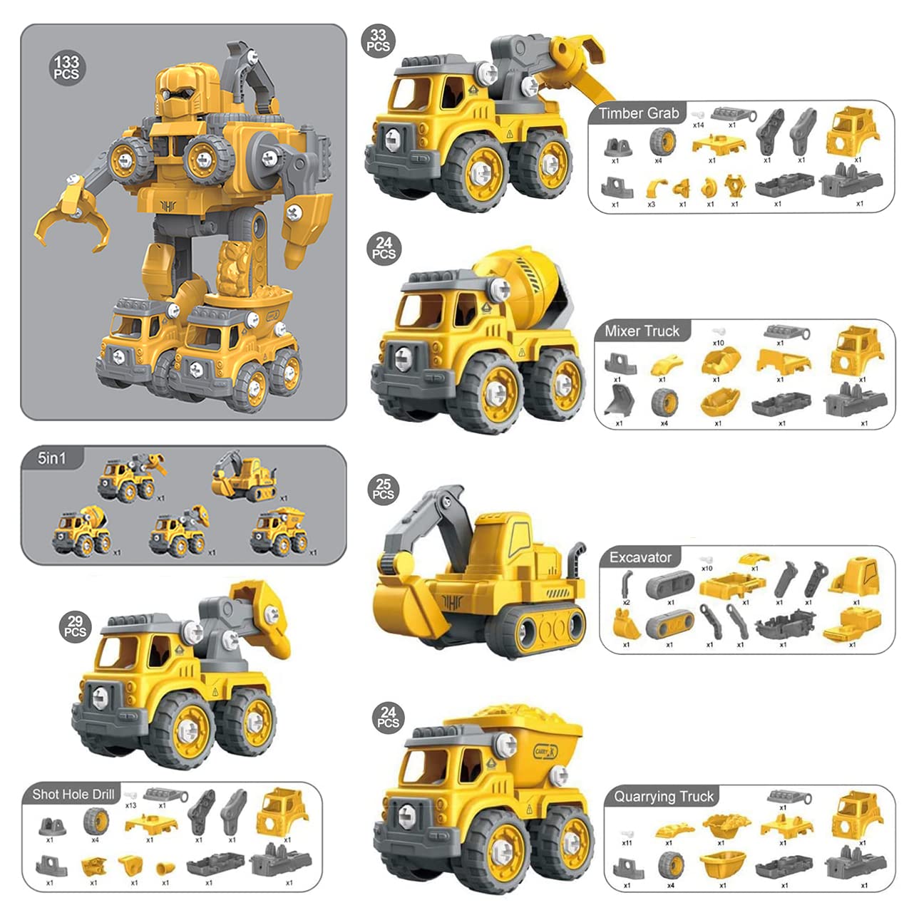 Transformer Toy Take Apart Robot Construction Truck for 3 4 5 6 7 8 9 ...