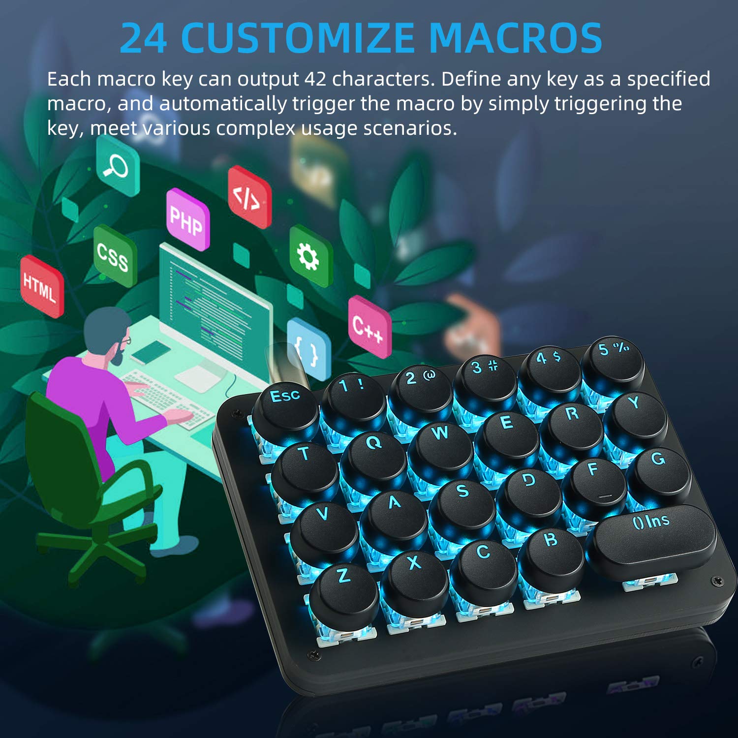 Koolertron One Handed Macro Mechanical Keyboard,Blue LED Backlit ...