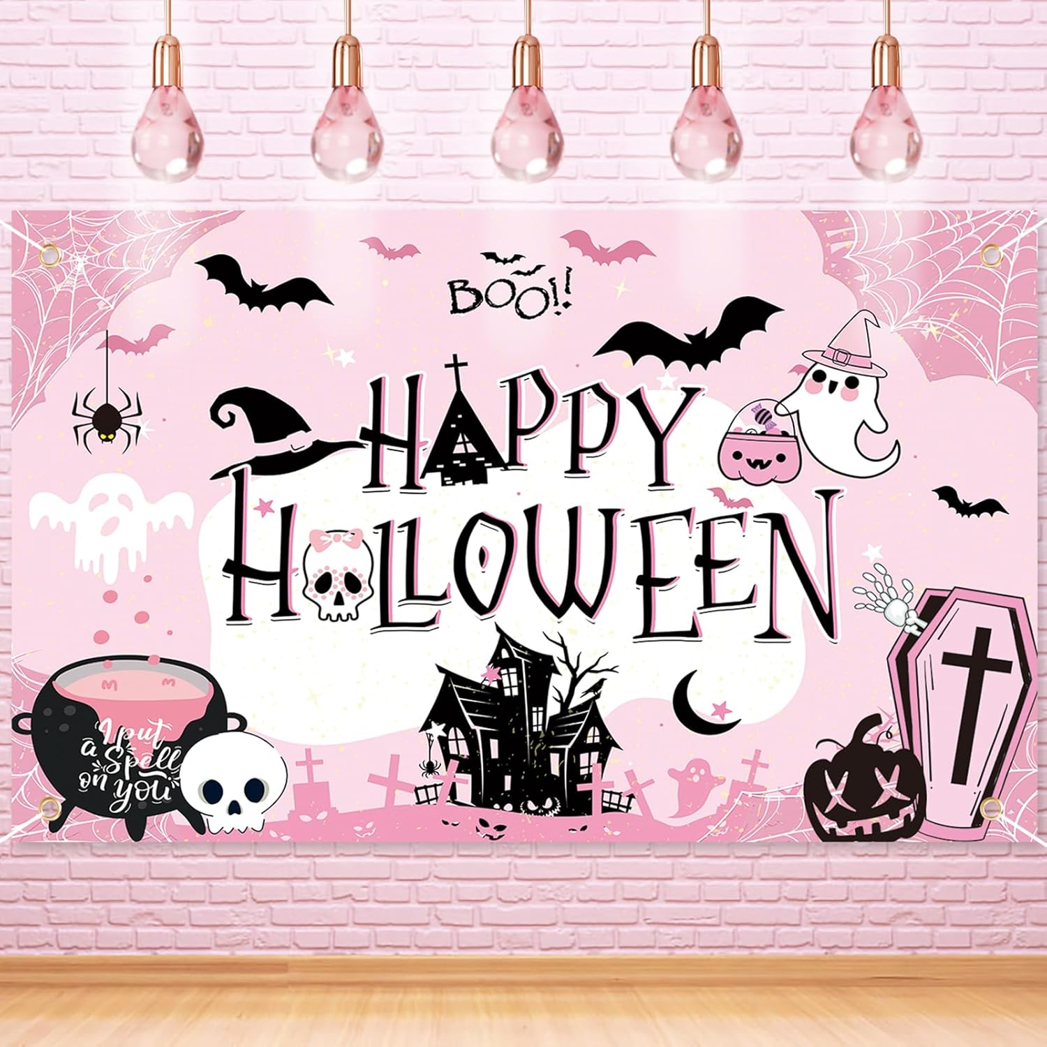 Amazon.com : DPKOW Pink Halloween Backdrop Banner, Extra Large Birthday ...