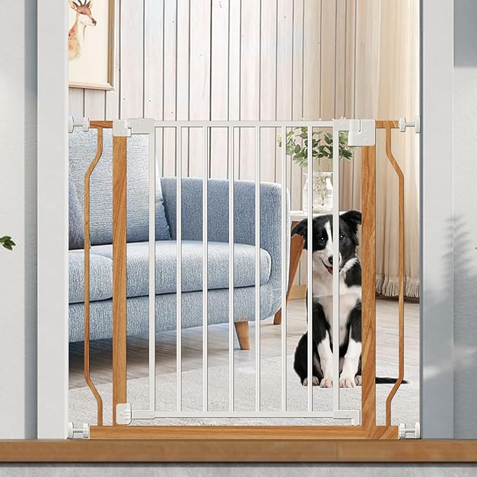 White Baby Gate with Wood Pattern for Doorways, 30" Tall Metal 29"-41 ...