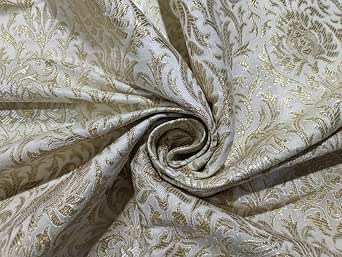 Tela de brocado de seda pura, color dorado blanco y metálico, 36 ...